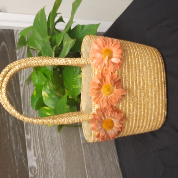 Vintage | Bags | Orange Floral Straw Stitch Cute Little Straw Bag ...